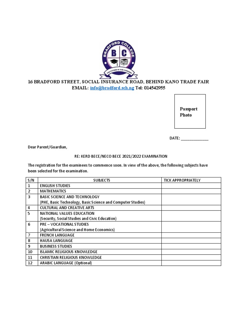 Kerd Examination (Bece) Form | PDF