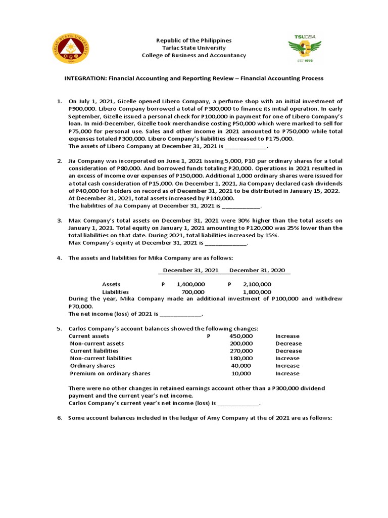 Financial Accounting Review Exercises | PDF | Debits And Credits ...