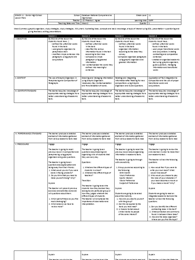 Grade 11 Lesson Plans For EAPP W2 S4 - Week 1 Four Sessions Academic ...