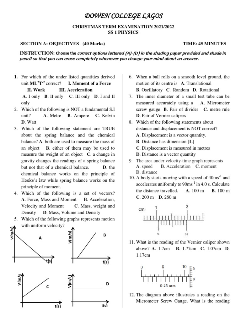 SS1 Physics Xmas Exam 2021 | PDF | Force | Acceleration