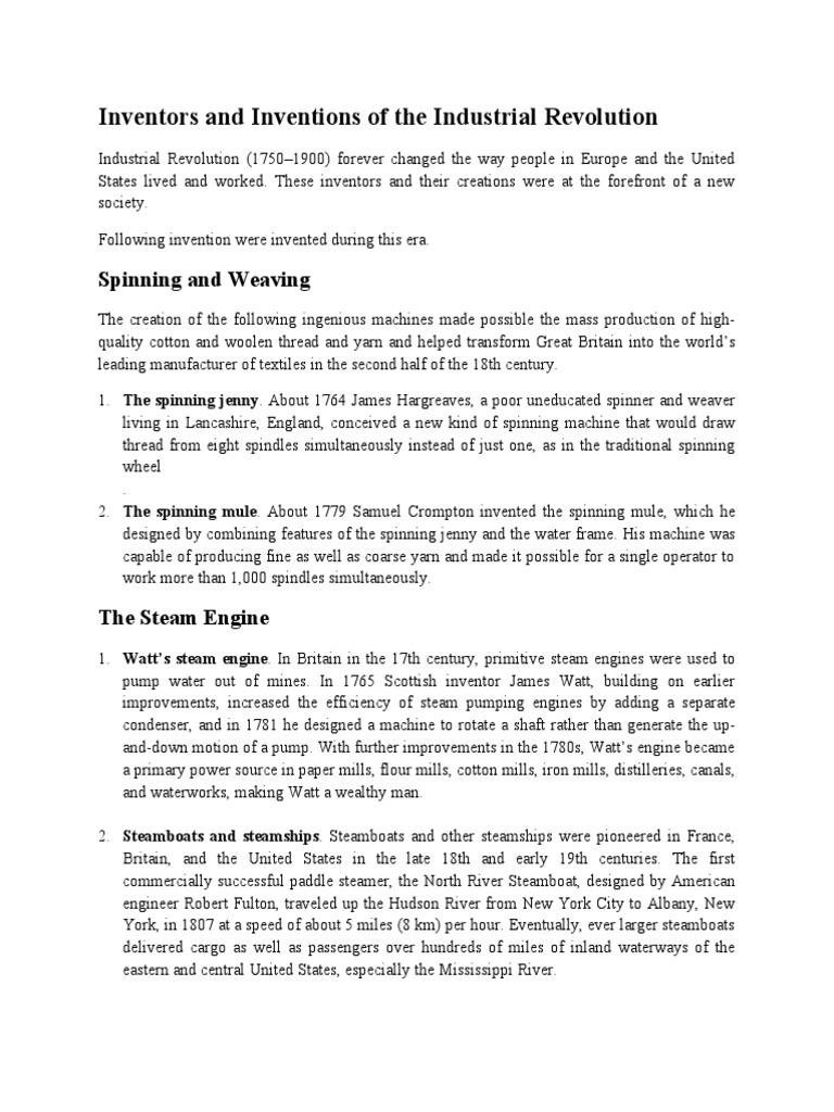 Inventors and Inventions of The Industrial Revolution | PDF | Spinning ...