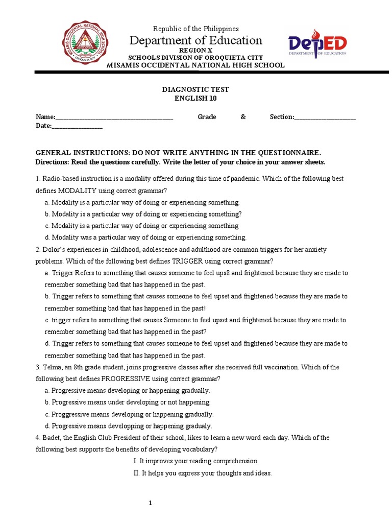 TQ-Diagnostic Test 22-23 Grade 10 Checked | PDF | Public Speaking ...