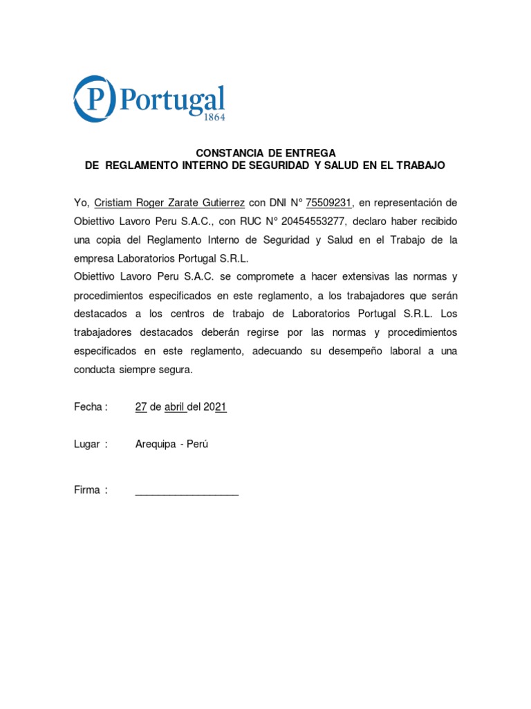 CONSTANCIA DE ENTREGA DE RISST - PORTUGAL Lavoro | PDF