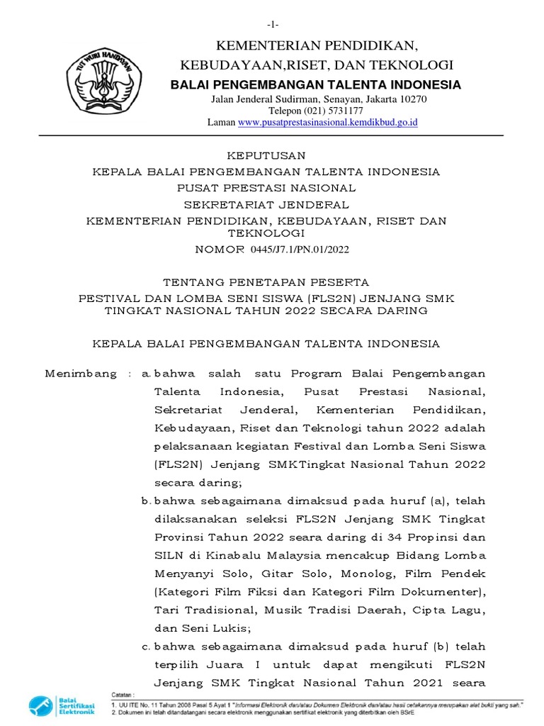 SK PESERTA FLS2N SMK TK - Nasional - OK | PDF