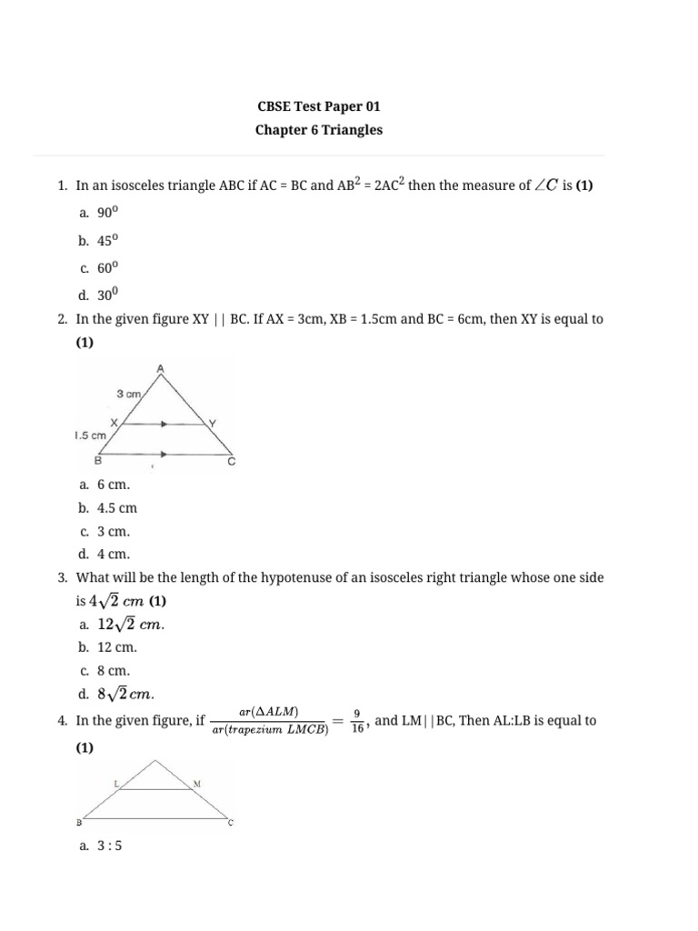 CBSE Test Paper 01 Chapter 6 Triangles | PDF | Triangle | Geometric Shapes
