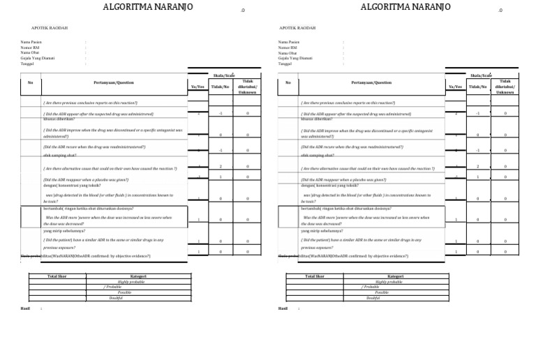 Formulir Algoritma Naranjo | PDF | Chemistry | Dose (Biochemistry)