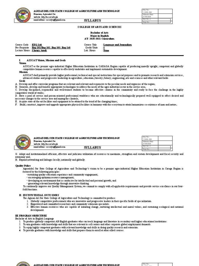 Syllabus: College of Arts and Sciences Bachelor of Arts Major in English AY: 2020-2021 ...