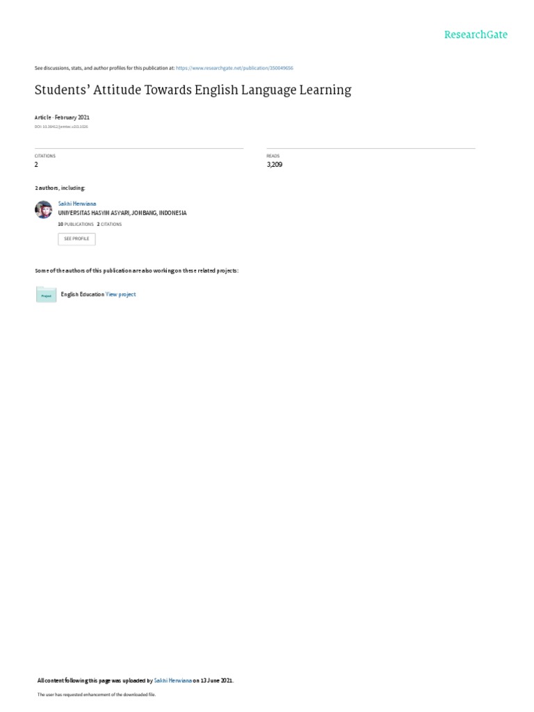 Students' Attitude Towards English Language Learning: February 2021 ... Students' Attitude Towards English Language Learning: February 2021 ...