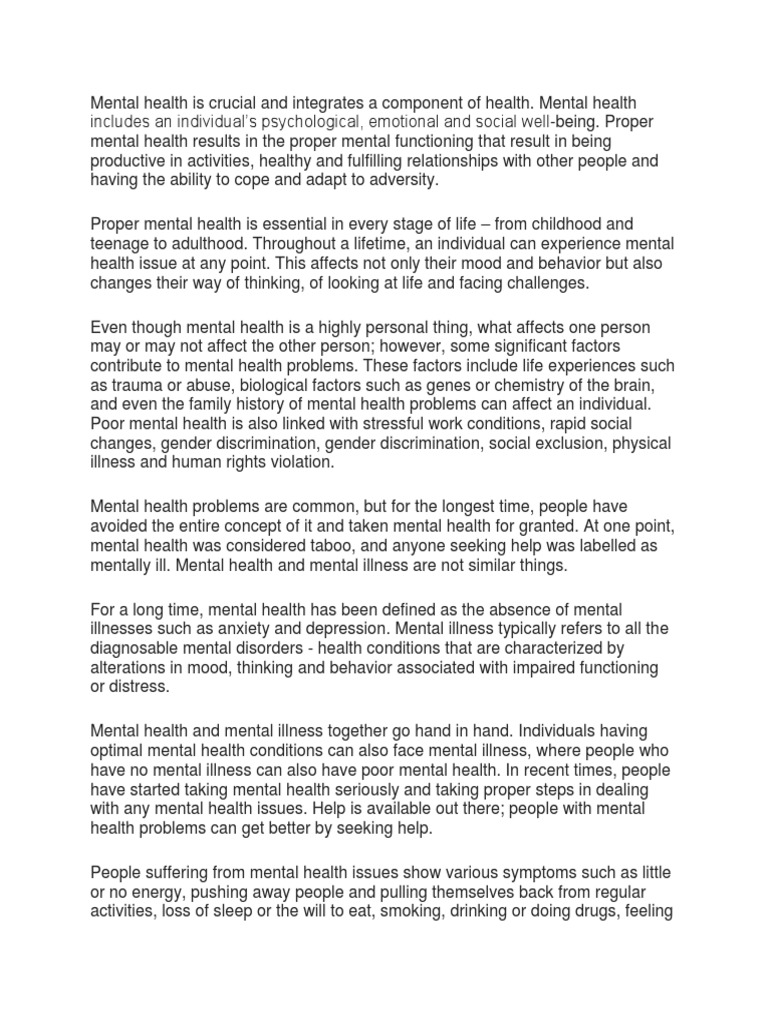 Mental-health-essay | PDF | Mental Health | Mental Disorder