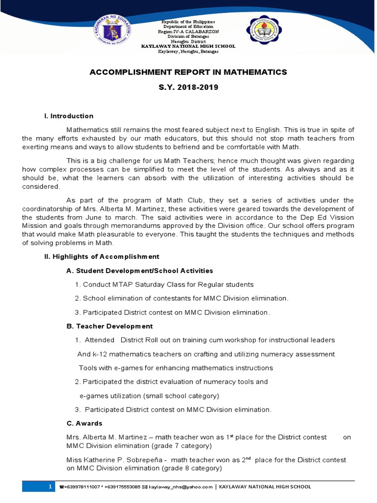 Accomplishment Report in Mathematics S.Y. 2018-2019 | PDF | Mathematics ...