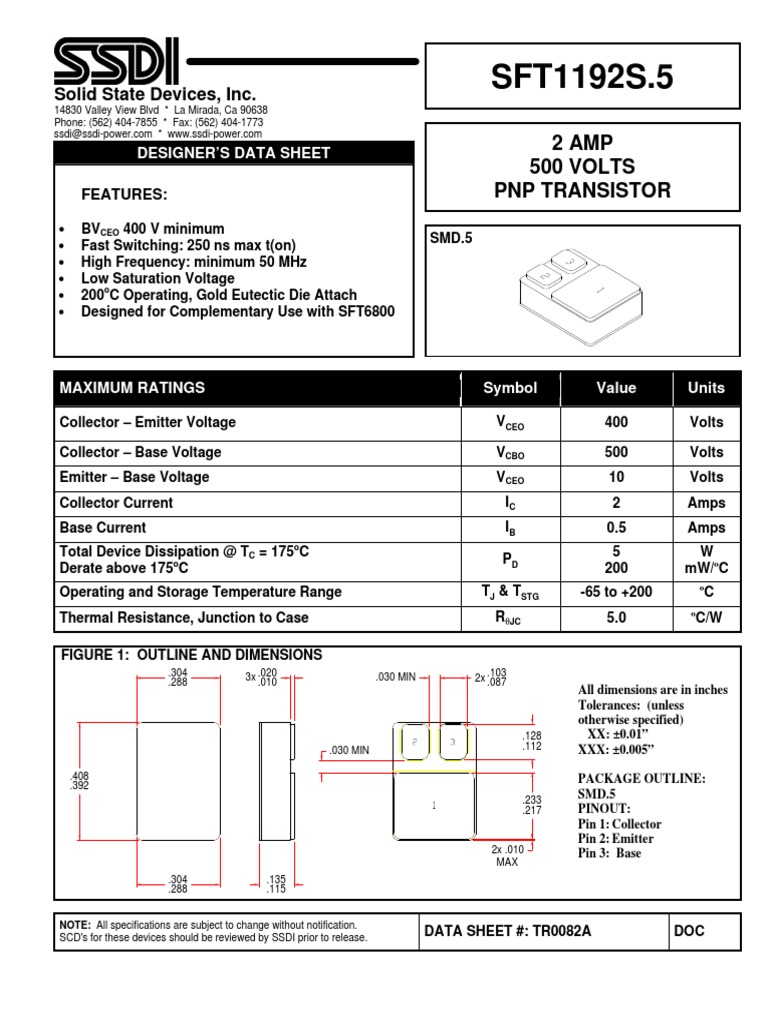 SFT1192S.5: Solid State Devices, Inc | PDF | Bipolar Junction Transistor | Amplifier