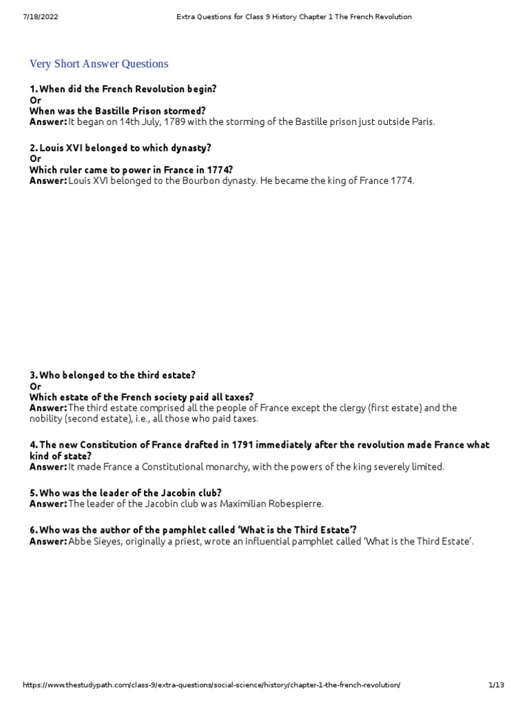 Extra Questions For Class 9 History Chapter 1 The French Revolution ...