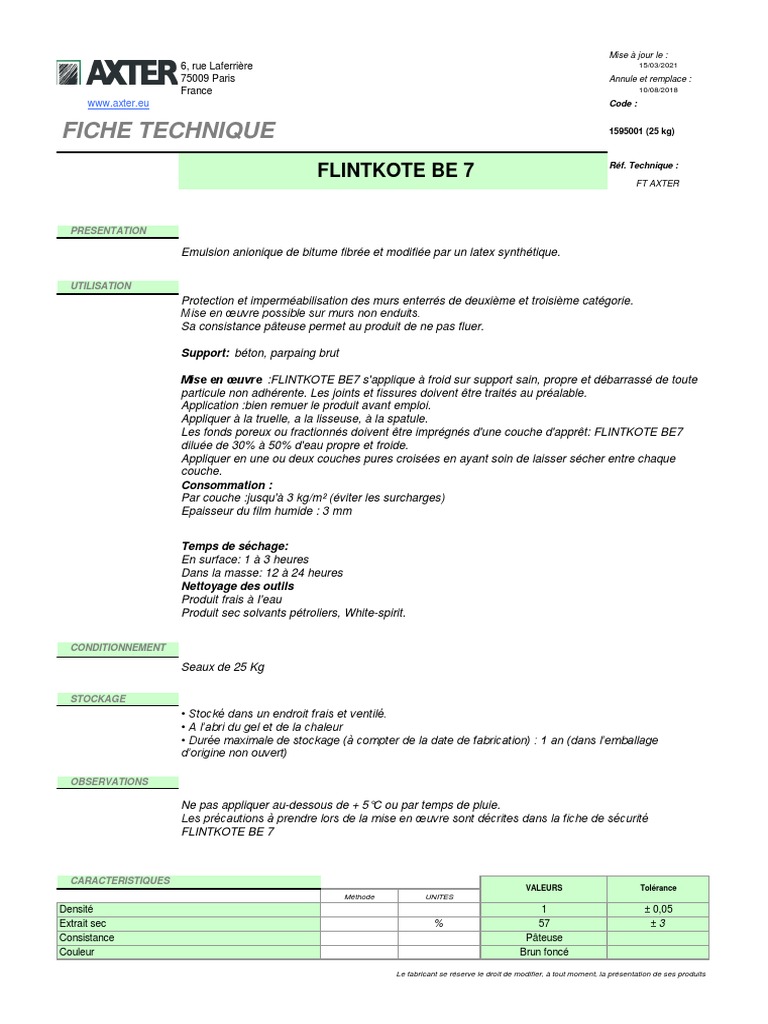 Fiche technique de Flintkote BE7 | PDF | Matériaux