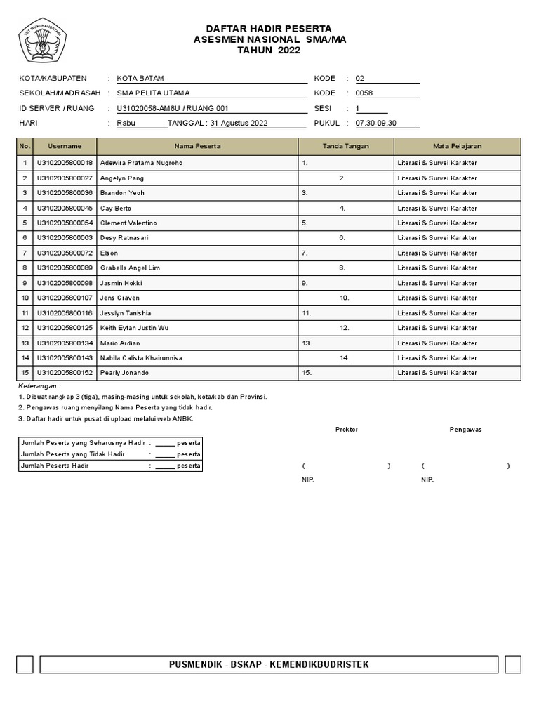 Daftar Hadir Asesmen Nasional (Literasi) | PDF