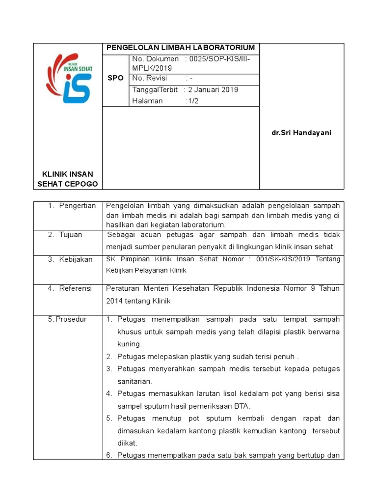 Sop Pengelolan Limbah Laboratorium | PDF