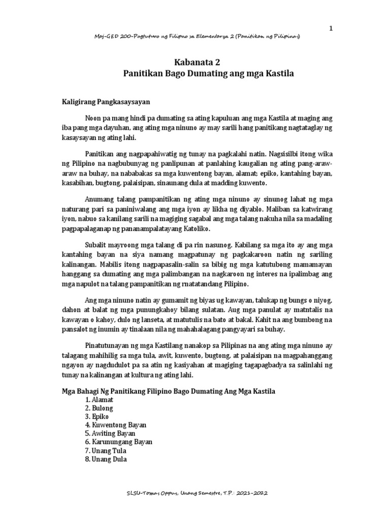 C. GUIDE SA Pagtuturo NG ELEMENTARYA 2 PANITIKAN NG PILIPINAS So Des Ne ...
