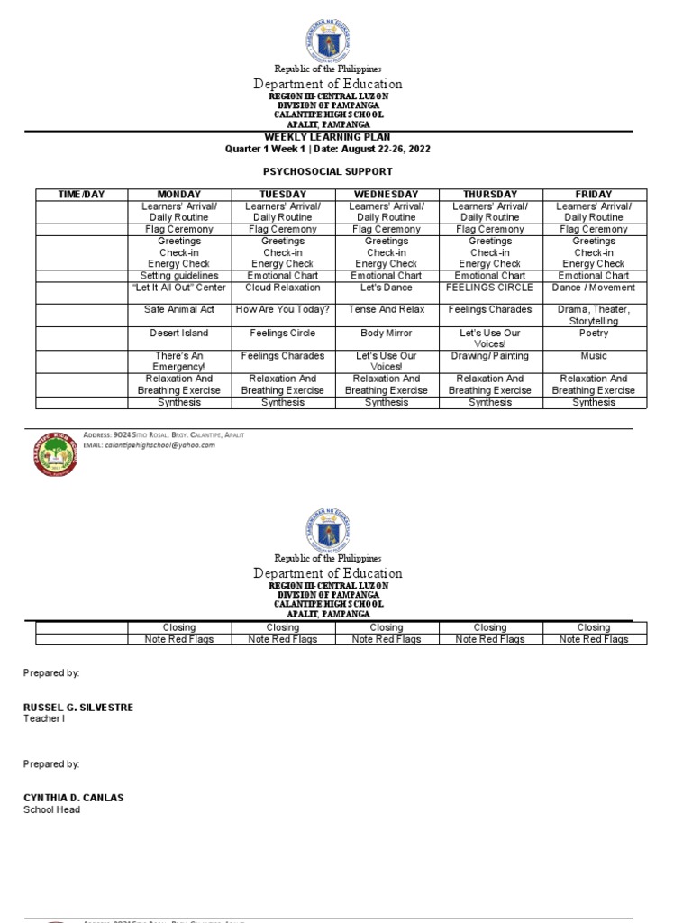 Weekly Learning Plan Pdf