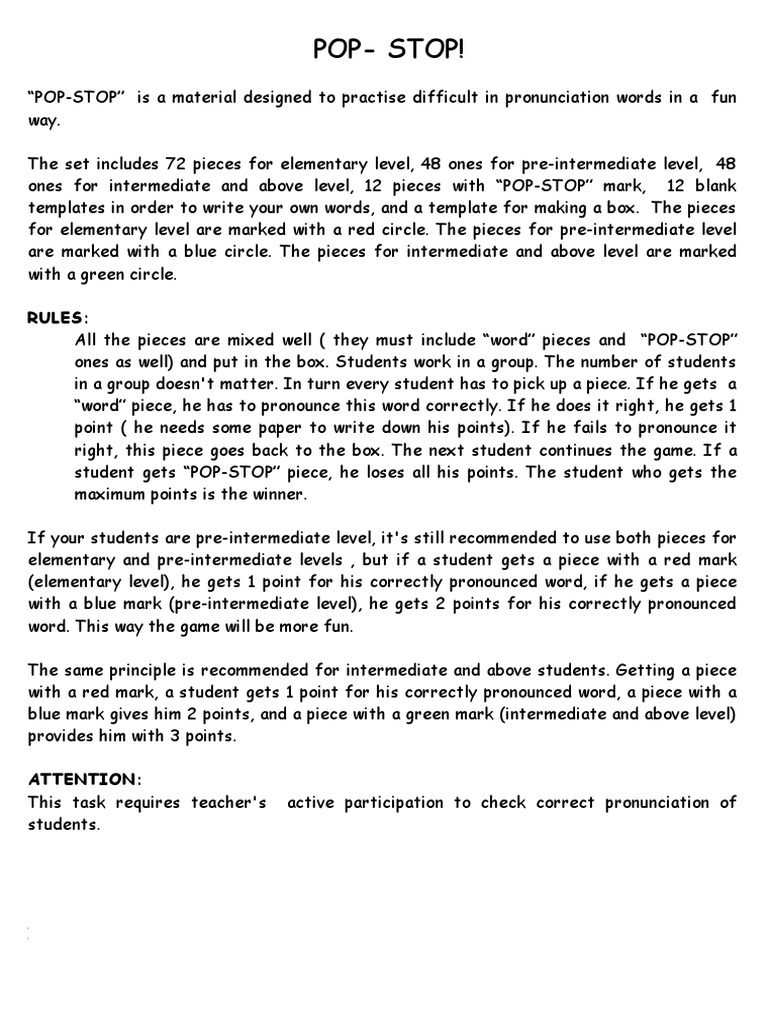Pronunciation Game: POP-STOP Set | PDF