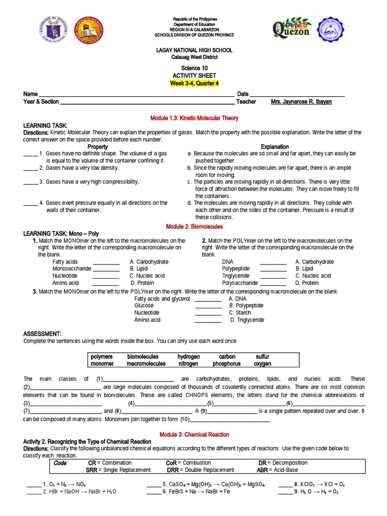 Kinetic Molecular Theory - Grade 10 Module 1.3 | PDF | Reaction Rate ...