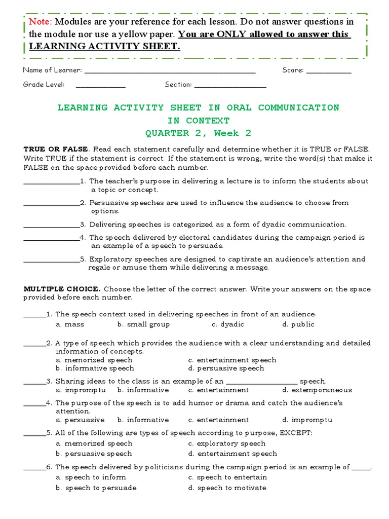 Learning Activity Sheet in Oral Communication in Context QUARTER 2, Week 2 | PDF | Career ...