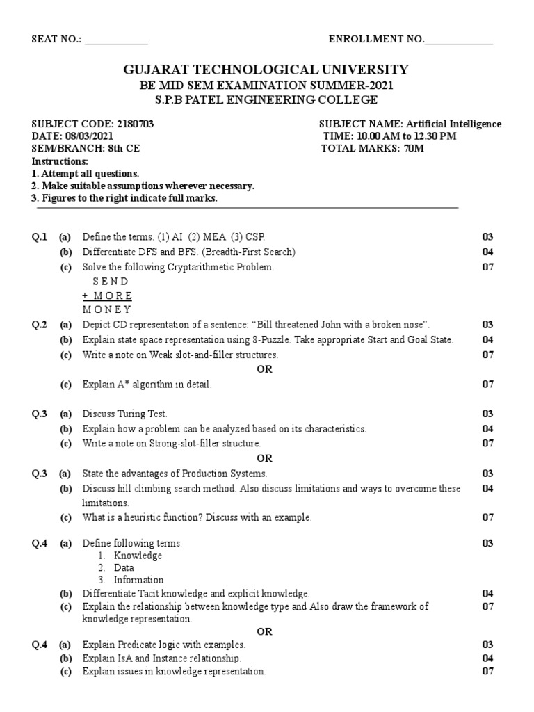 210308-8CE-Subject Artificial Intelligence-2180703-Mid-Sem-Exam-1-S2021 | PDF | Artificial ...