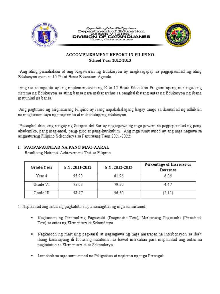Accomplishment Report Filipino | PDF Accomplishment Report Filipino | PDF
