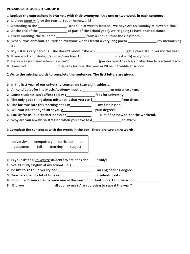 VOCABULARY QUIZ 5 В | PDF | Self-Improvement