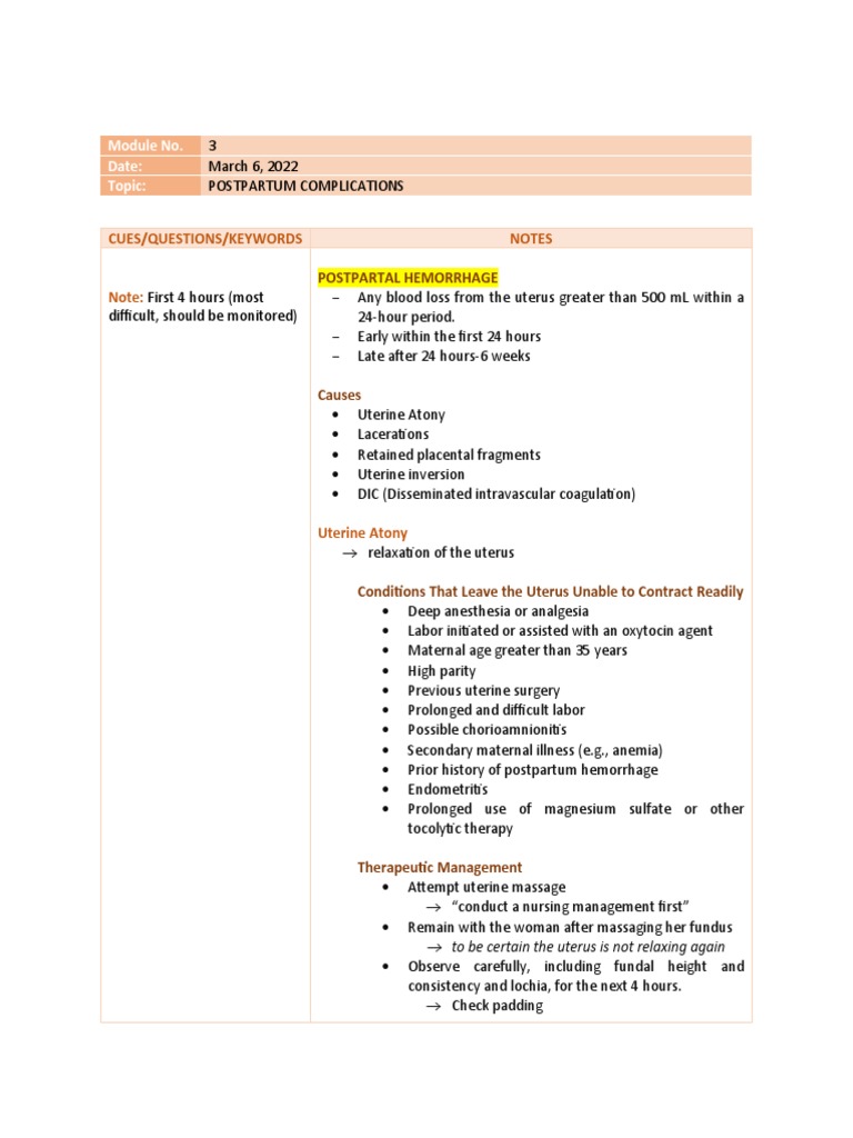 3 March 6, 2022 Postpartum Complications: Module No. Date: Topic | PDF | Vagina | Postpartum Period
