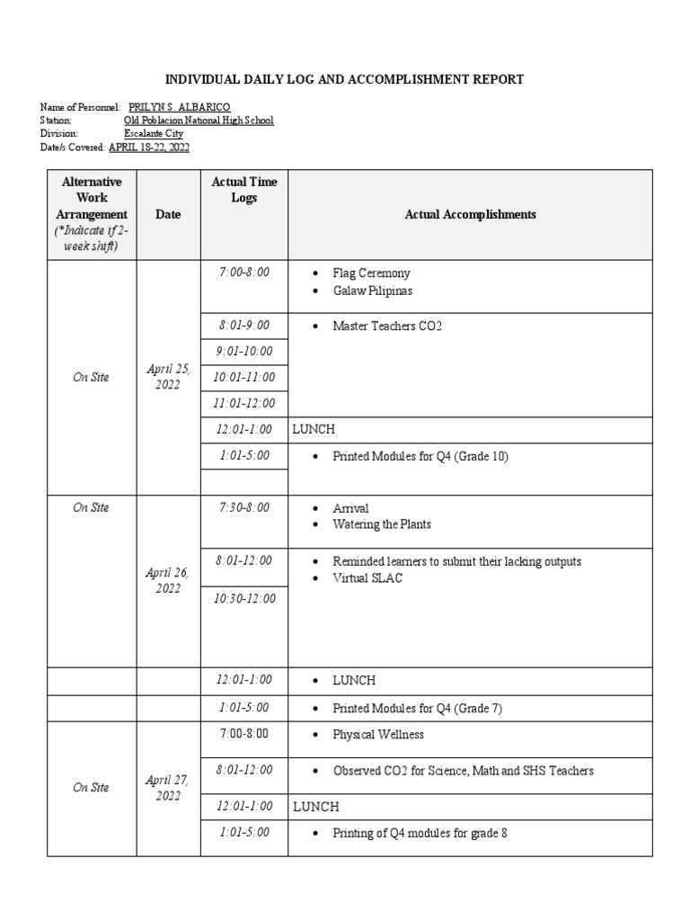Individual Daily Log and Accomplishment Report | PDF