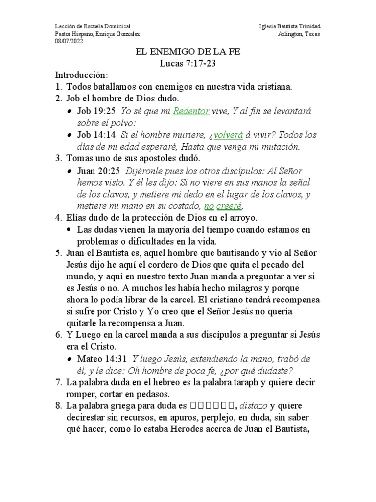 Leccion 25 El Dudar. El Enemigo de La Fe | PDF | Jesús | Juan el apóstol