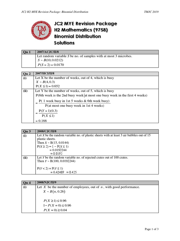 H2 - MYE - Revision Package - Binomial Distribution - Solutions | PDF | Statistical Models ...