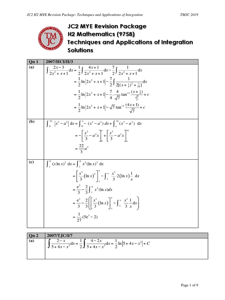 H2 MYE Revision Package Integration Solutions | PDF | Mathematical Analysis