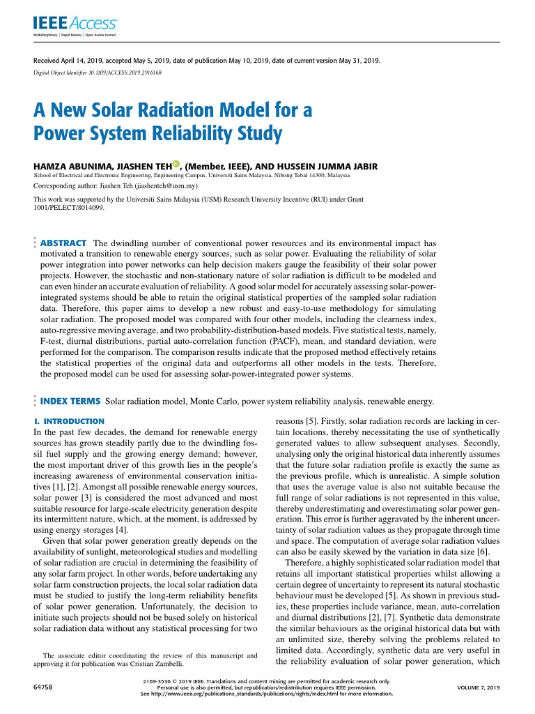 A New Solar Radiation Model For A Power System Reliability Study | PDF ...