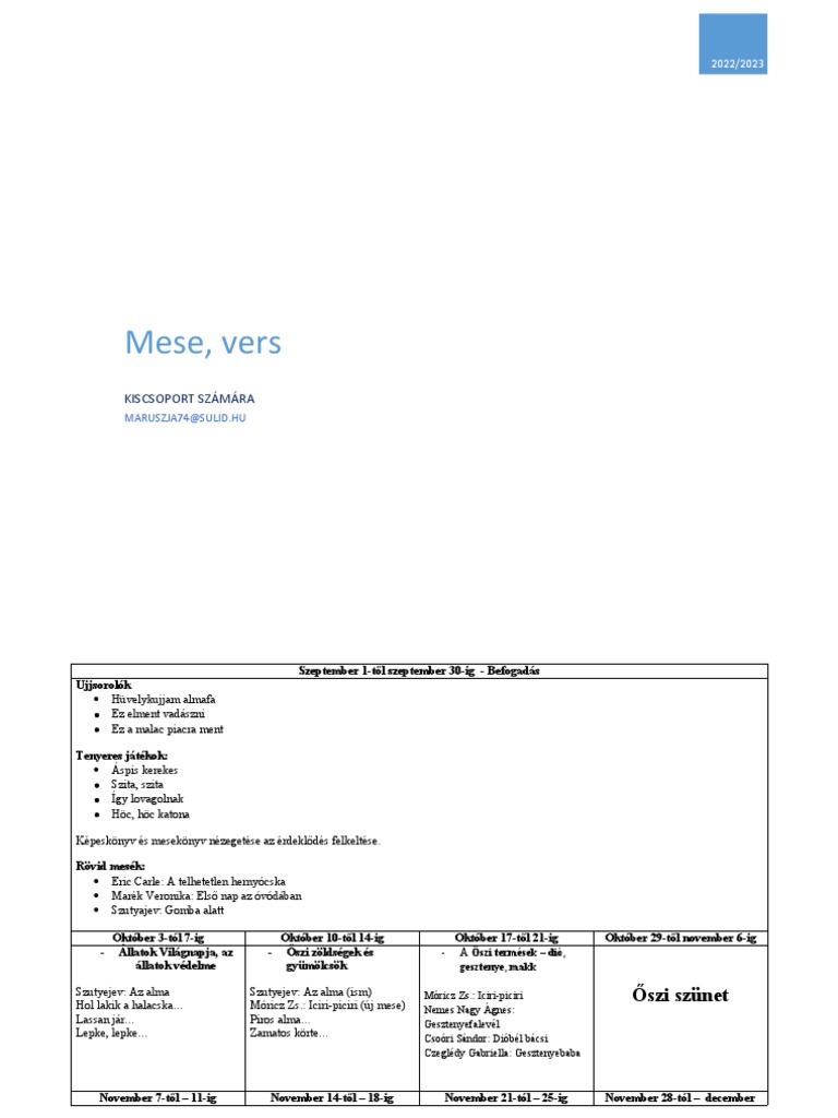 Mese-Vers Kiscsoport | PDF