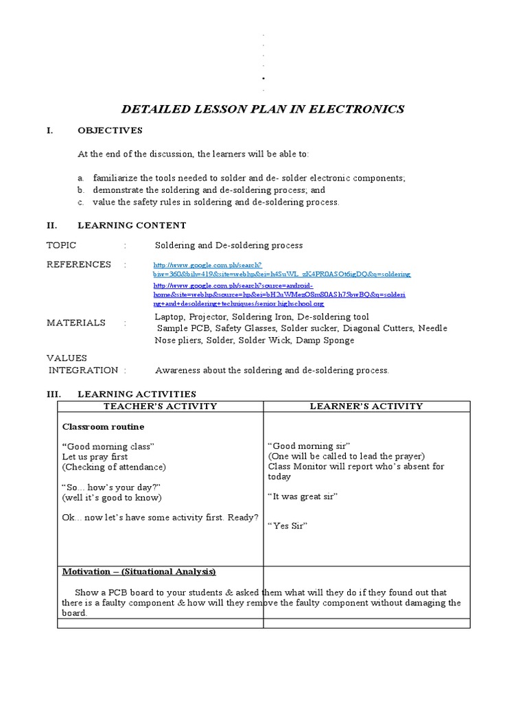 Detailed Lesson Plan in Electronics: I. Objectives | PDF | Soldering