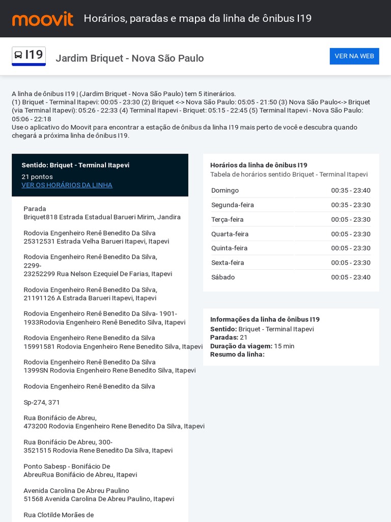 Jardim Briquet - Nova São Paulo: Horários, Paradas e Mapa Da Linha de Ônibus I19 | PDF ...