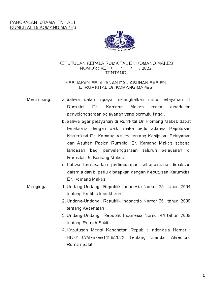 PAP.1.Ep.1 SK Kebijakan Pelayanan Dan Asuhan Pasien OK | PDF
