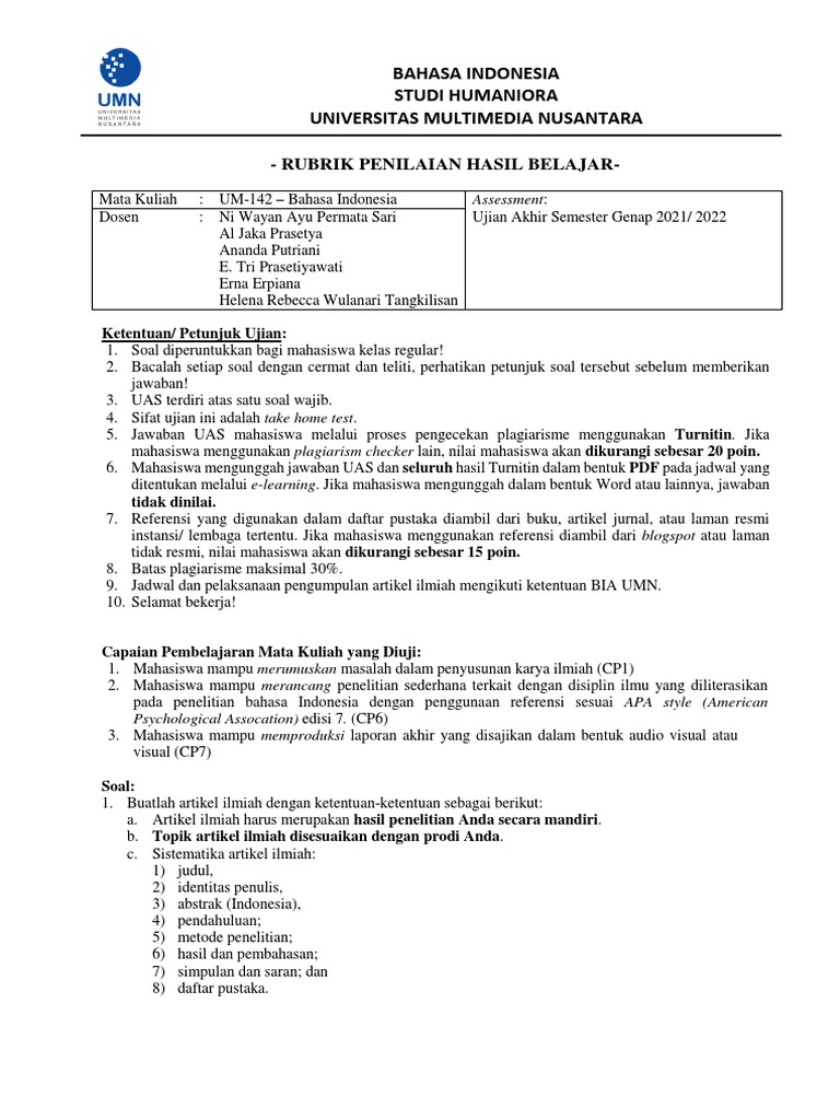 takehome-UM142 - RUBRIK BAHASA INDONESIA - UAS GENAP 2021-2022 | PDF