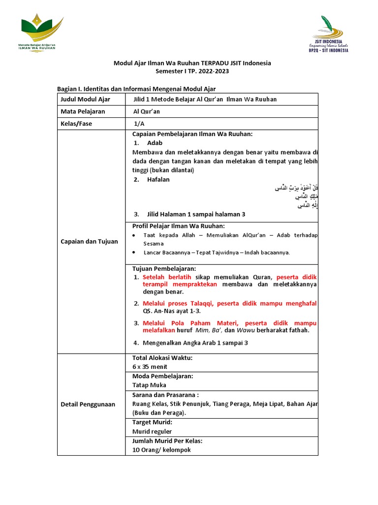 Modul Ajar Ilman Wa Ruuhan TERPADU JSIT Indonesia | PDF