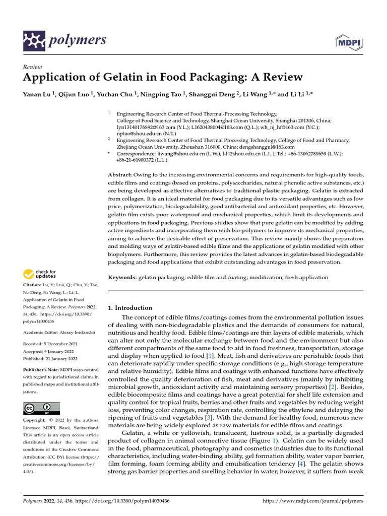 Polymers: Application of Gelatin in Food Packaging: A Review | PDF ...