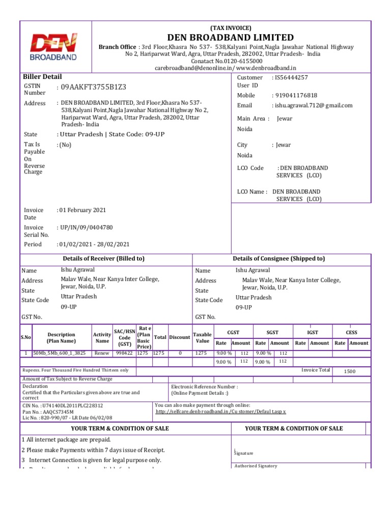 Den Broadband Limited: 09AAKFT3755B1Z3 | PDF | Invoice | Taxation