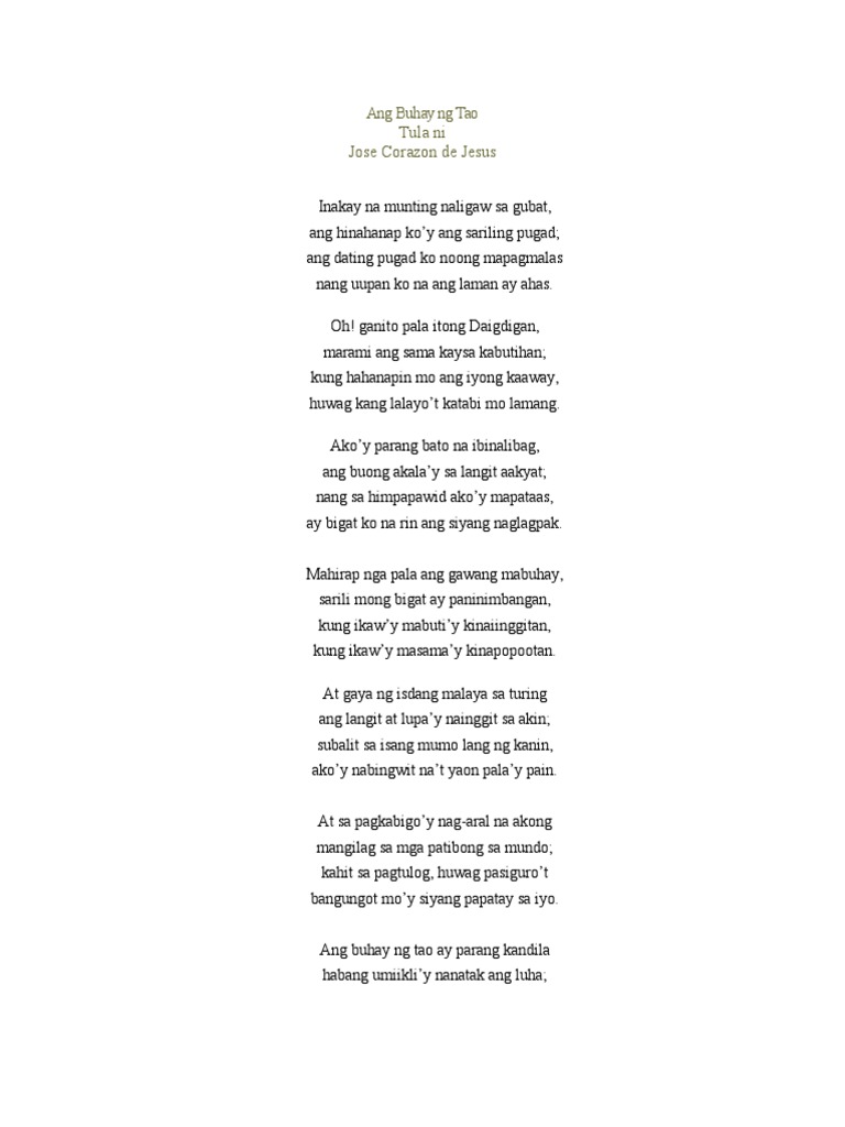 Isang Punongkahoy Tula Ni Jose Corazon de Jesus | PDF