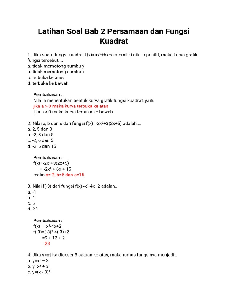 Latihan Soal Bab 2 Persamaan Dan Fungsi Kuadrat | PDF