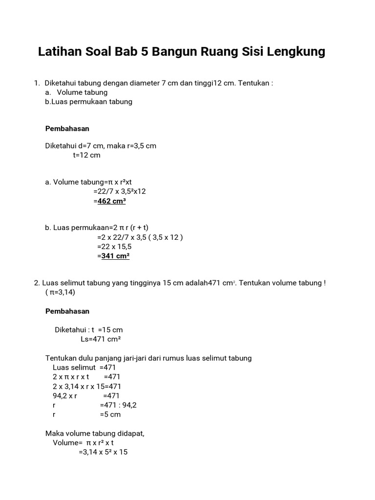 Latihan Soal Bab 5 Bangun Ruang Sisi Lengkung | PDF
