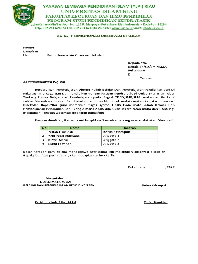 Surat Permohonan Observasi Dan Lembar Observasi | PDF