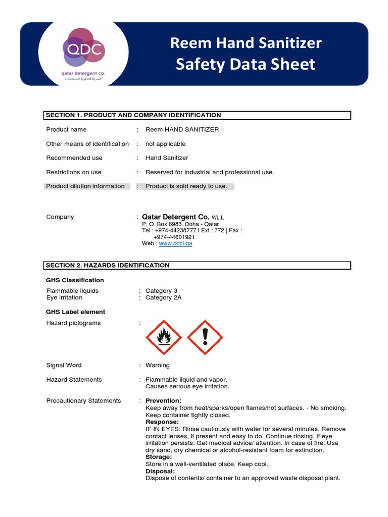 Msds Reem Hand Sanitizer Download Free Pdf Toxicity Firefighting
