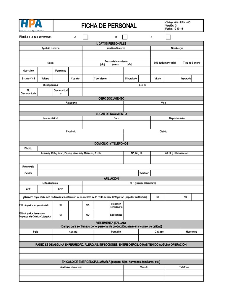 Ficha Personal del Trabajador | PDF | Microsoft Word | Microsoft Excel