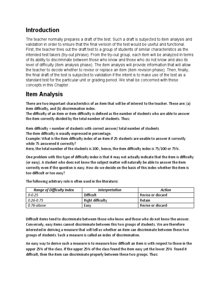 Range of Difficulty Index Interpretation Action: 0-0.25 0.26-0.75 0.76 ...