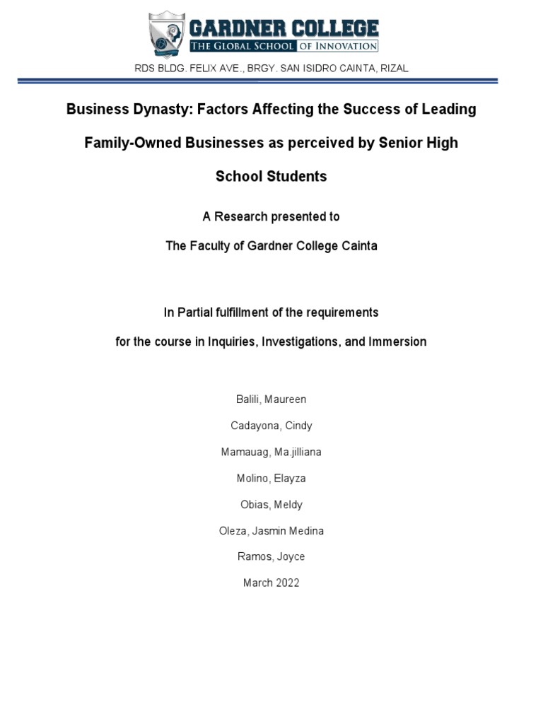 Business Dynasty Factors Affecting The Success of Leading Family Owned Businesses As Perceived ...