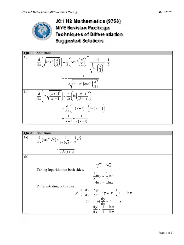 H2 MYE Revision Package Techniques of Differentiation Solutions | PDF | Trigonometric Functions ...